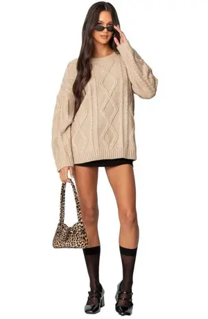 EDIKTED Kennedy Oversize Cable Stitch Sweater Tunic - Beige