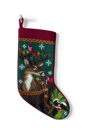 LANDS' END Needlepoint Christmas Stocking Joyful Reindeer