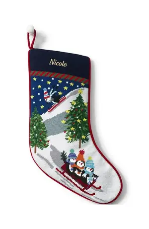 LANDS' END Needlepoint Christmas Stocking Sledding Penguins