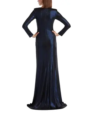 Tadashi Shoji Esau Metallic Crisscross Draped Gown - Navy