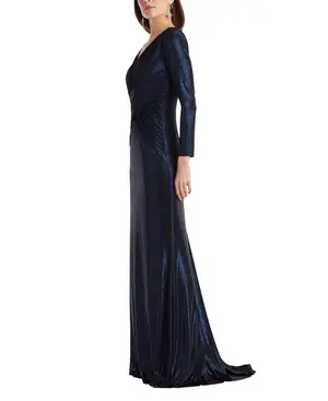 Tadashi Shoji Esau Metallic Crisscross Draped Gown - Navy