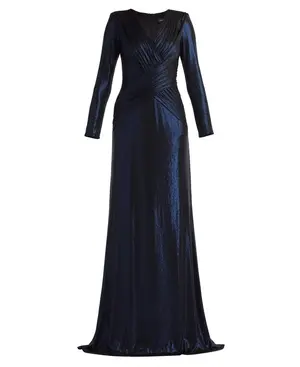 Tadashi Shoji Esau Metallic Crisscross Draped Gown - Navy