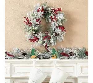 GLITZHOME 24'd Christmas Flocked Pinecone & Ber Ry Wreath - One-color