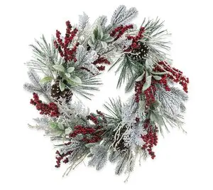 GLITZHOME 24'd Christmas Flocked Pinecone & Ber Ry Wreath