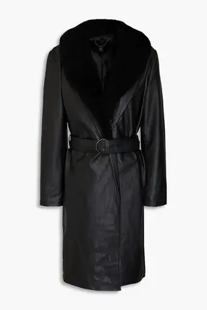 MUUBAA Belted Leather Coat With Shearling Trim