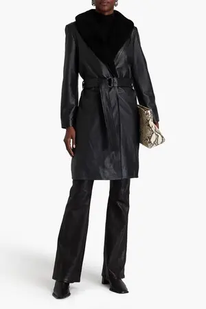 MUUBAA Belted Leather Coat With Shearling Trim