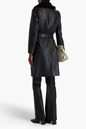 MUUBAA Belted Leather Coat With Shearling Trim