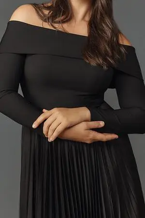HUTCH Long-sleeve Off-the-shoulder Pleated Maxi Dress - Black