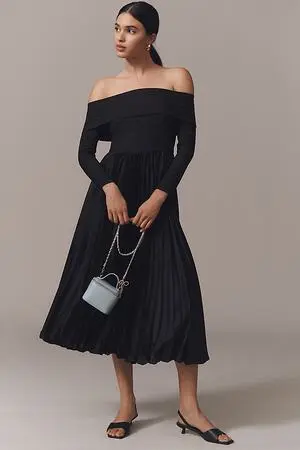 HUTCH Long-sleeve Off-the-shoulder Pleated Maxi Dress - Black