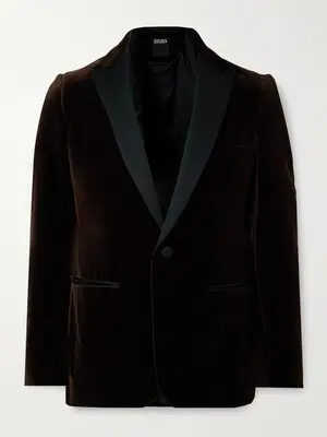 Zegna Satin-trimmed Cotton-velvet Tuxedo Jacket - Brown