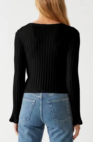 Michael Stars Valerie Rib Bell Sleeve Cotton Blend Knit Top