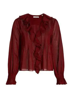 DÔEN Hardy Pintuck Cotton Ruffle V-neck Blouse Deep Crimson