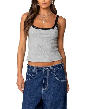 EDIKTED Edikted Jude Lacey Ribbed Tank Top Gray Melange