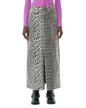 GANNI Print Denim Maxi Skirt - Leopard