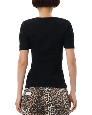 GANNI Soft Ribbed Short Sleeve Tee - Black