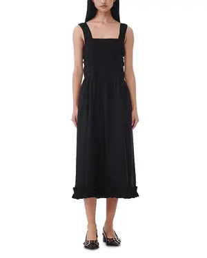 GANNI Cotton Poplin Midi Strap Smock Dress - Black