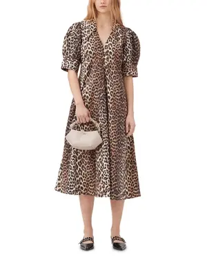 GANNI Cotton Poplin V-neck Maxi Dress - Leopard