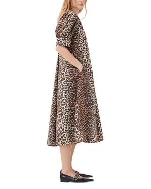 GANNI Cotton Poplin V-neck Maxi Dress - Leopard