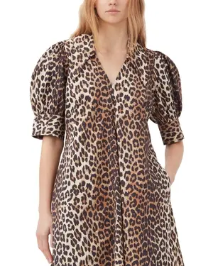 GANNI Cotton Poplin V-neck Maxi Dress - Leopard