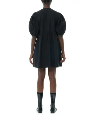 GANNI Cotton Poplin Mini Dress With Tie String - Black