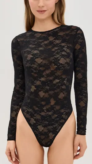 FLEUR DU MAL Le Stretch Long Sleeve Thong Bodysuit - Black