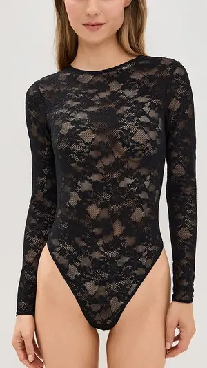 FLEUR DU MAL Le Stretch Long Sleeve Thong Bodysuit - Black