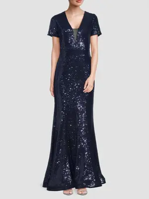 Shani Sequined Fit & Flare Gown - Navy