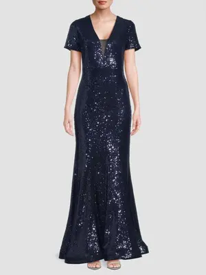 Shani Sequined Fit & Flare Gown - Navy