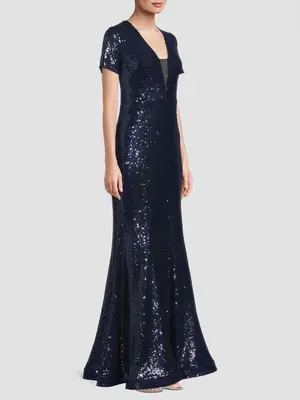 Shani Sequined Fit & Flare Gown - Navy