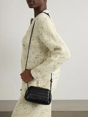 Bottega Veneta Concert Pouch Intrecciato Leather Shoulder Bag - Black