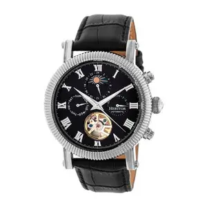 HERITOR AUTOMATIC Winston Semi-skeleton Leather-band Watch - Silver/black