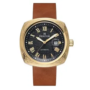 HERITOR AUTOMATIC Davenport Engraved Leather-band Strap Watch With Date - Gold/brown