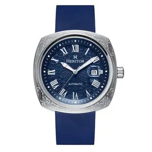 HERITOR AUTOMATIC Davenport Engraved Leather-band Strap Watch With Date - Silver/blue