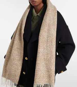 Loewe Anagram Wool And Cashmere Scarf - Beige