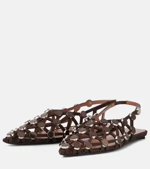 Attico Grid Embellished Suede Slingback Flats - Brown