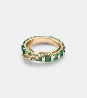 ANANYA Scatter 18kt Ring With Emeralds And Diamonds - Gold