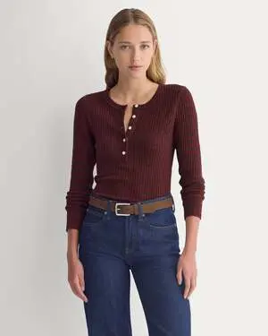 Everlane Cozy Rib Henley Top - Cabernet/coffee Bean