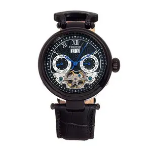 HERITOR AUTOMATIC Semi-skeleton Leather-band Watch - Black