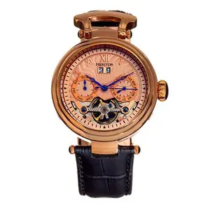 HERITOR AUTOMATIC Semi-skeleton Leather-band Watch - Rose Gold