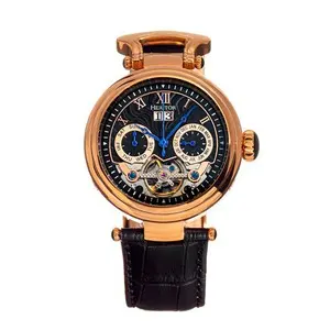 HERITOR AUTOMATIC Semi-skeleton Leather-band Watch - Rose Gold/black