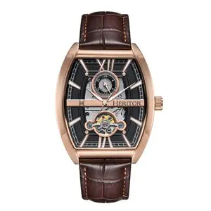 HERITOR AUTOMATIC Semi-skeleton Leather-band Watch - Rose Gold/brown