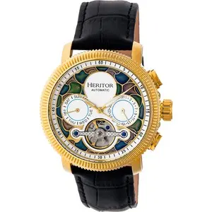 HERITOR AUTOMATIC Aura Semi-skeleton Leather-band Watch - Gold/white