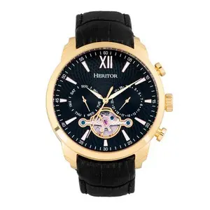 HERITOR AUTOMATIC Semi-skeleton Leather-band Watch With Day/date - Gold/black