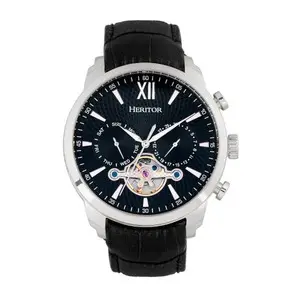 HERITOR AUTOMATIC Semi-skeleton Leather-band Watch With Day/date - Silver/black