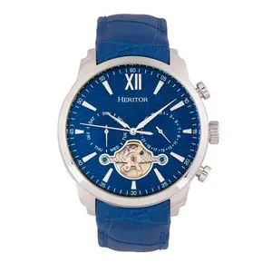 HERITOR AUTOMATIC Semi-skeleton Leather-band Watch With Day/date - Silver/blue