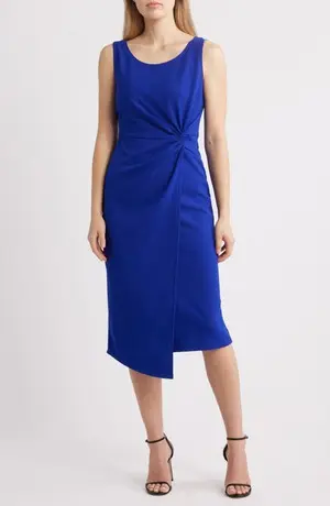 CONNECTED APPAREL Side Knot Sleeveless Sheath Midi Dress