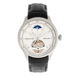 HERITOR AUTOMATIC Semi-skeleton Leather-band Watch - Silver/black