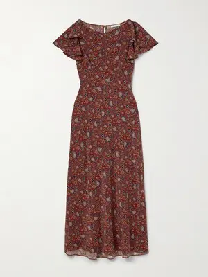 DÔEN Beatriz Ruffled Printed Silk Crepe De Chine Midi Dress