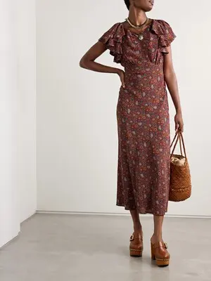 DÔEN Beatriz Ruffled Printed Silk Crepe De Chine Midi Dress