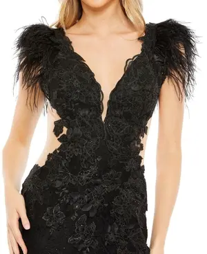 Mac Duggal Feather Cap-sleeve Lace Gown